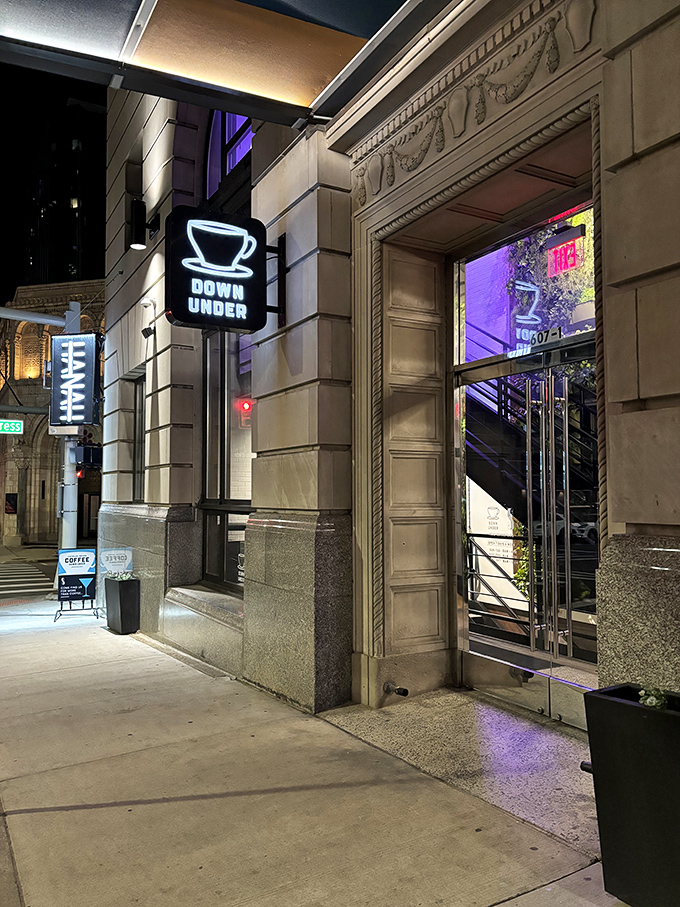 Coffee Down Under's street presence is subtle yet inviting&mdash;a modern beacon for those in search of exceptional coffee and hidden cocktails.