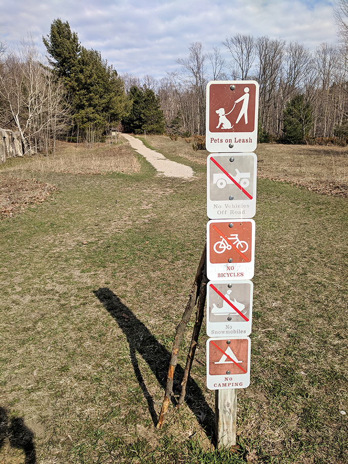The universal language of trail signs &ndash; simple pictographs politely suggesting you don't bring your motorcycle, tent, or unleashed dinosaur.