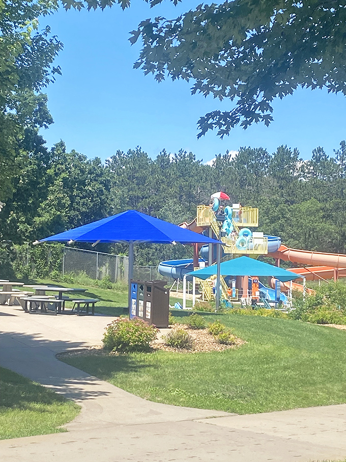 Shaded picnic areas provide the perfect respite from the sun, strategically placed for parents keeping watchful eyes on water-loving kids.