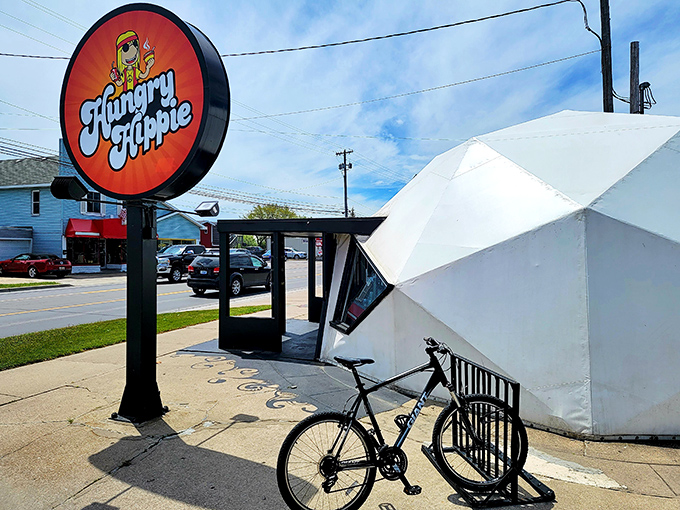 The Hungry Hippie's exterior is like a friendly alien that landed in Michigan &ndash; unmistakable, unforgettable, and promising an experience that's truly out of this world.