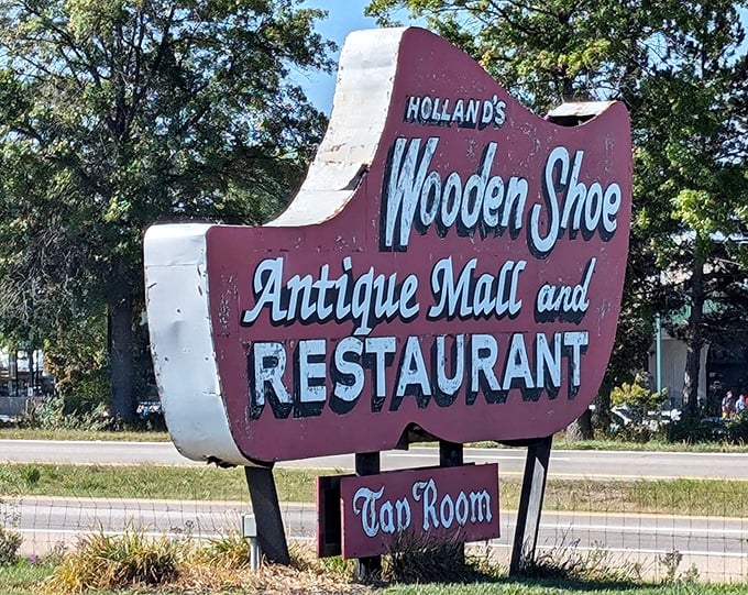 This vintage wooden shoe sign has become a local landmark, guiding hungry travelers to the promised land of oversized omelets.