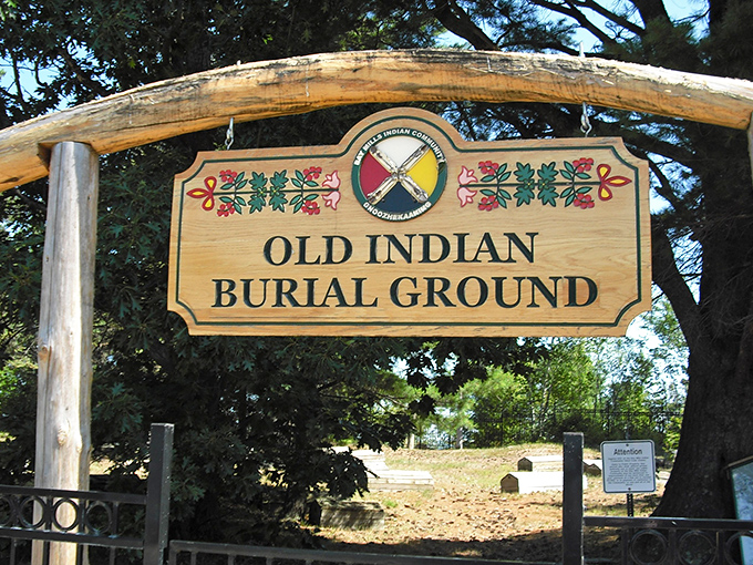 The sign welcomes respectful visitors to one of Michigan's most culturally significant and hauntingly beautiful sacred spaces.