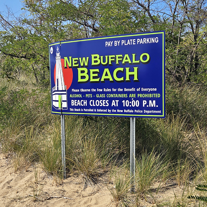 The welcoming sign sets a few simple rules, ensuring New Buffalo Beach remains a paradise for generations to come.