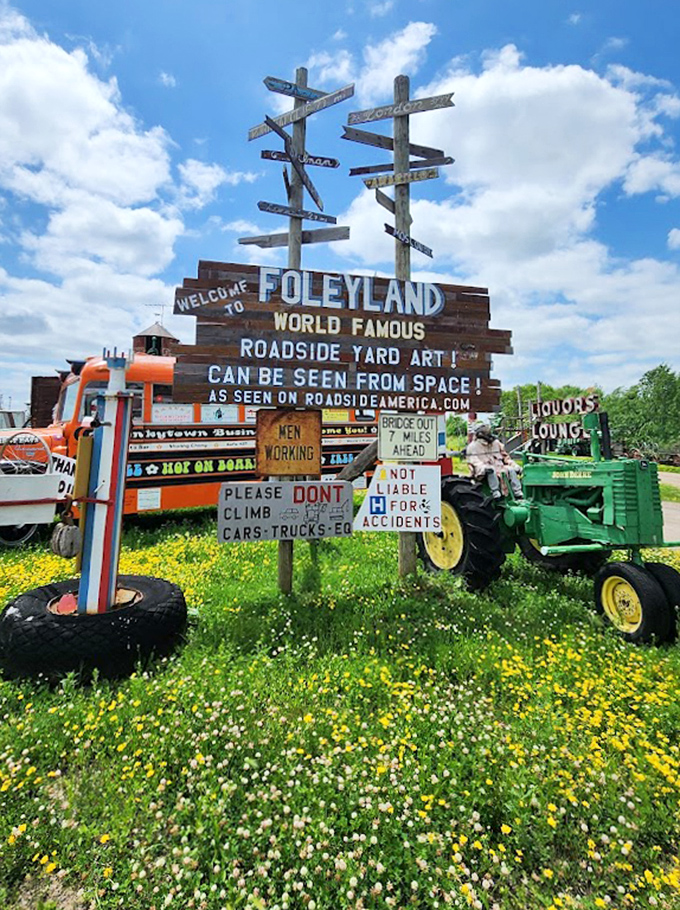 The official welcome sign sets the tone perfectly: part warning, part invitation, all personality &ndash; just like Foleyland itself.