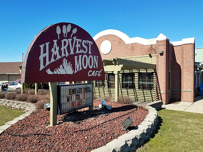 Morning sunshine illuminates the Harvest Moon sign, beckoning hungry travelers to discover what locals have treasured for years.