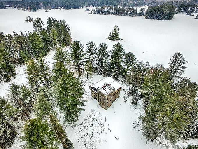 Winter transforms Kelley Castle into an isolated fortress, its stone walls standing defiant against Wisconsin's snowy landscape like a medieval postcard.