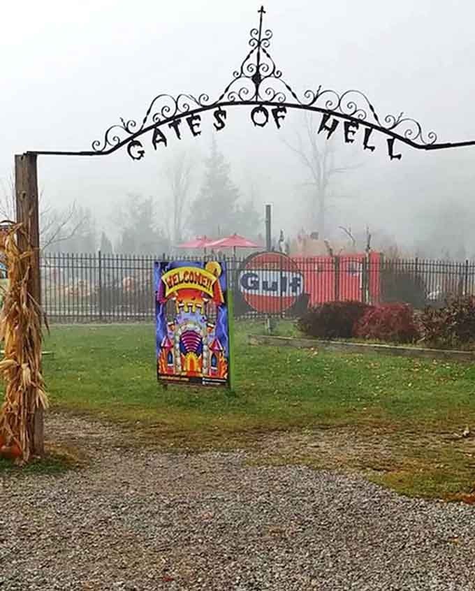 The "Gates of Hell" arch welcomes brave souls into Michigan's most devilishly named town. Foggy mornings add an extra spooky touch to this popular photo spot.