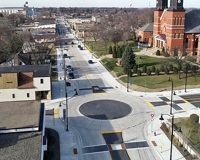 From above, New Prague reveals its perfect blend of small-town Americana and European village layout, centered around the iconic roundabout.