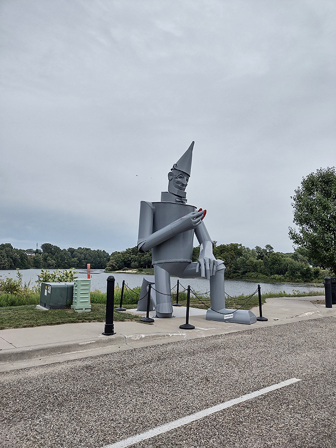 Even on cloudy days, the Tin Man's silver silhouette creates a striking contrast against the moody skies of Oceana County.
