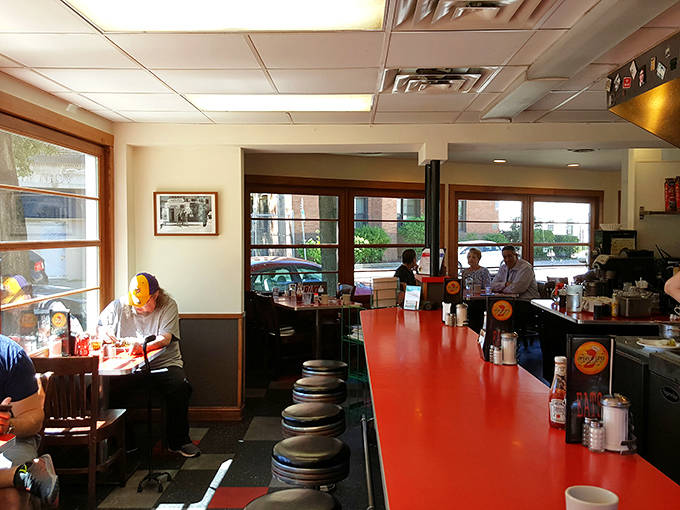 Inside, the classic counter with swivel stools invites diners to pull up a seat where countless conversations have unfolded over decades of comfort food.