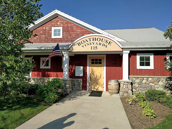 The welcoming entrance to Boathouse Vineyards combines rustic charm with elegant stonework, setting the tone for the experience that awaits inside.