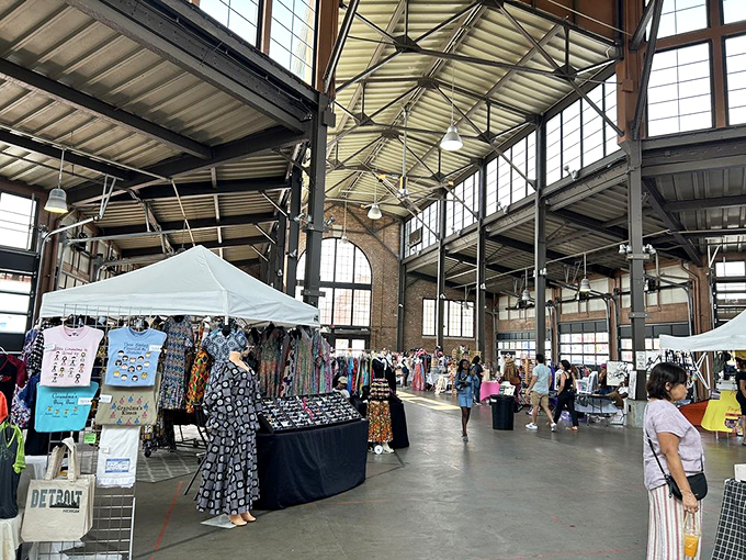 Sunlight streams through industrial windows, illuminating a bustling marketplace where Detroit's diverse communities converge over the universal language of food.
