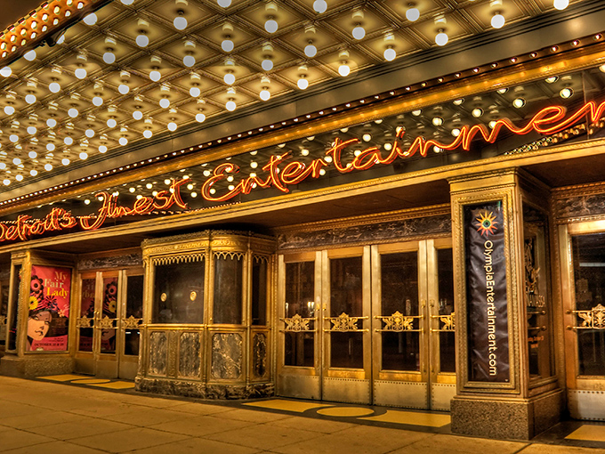 "Detroit's Finest Entertainment" isn't just a slogan &ndash; it's a guarantee etched in golden light above these art deco doors.