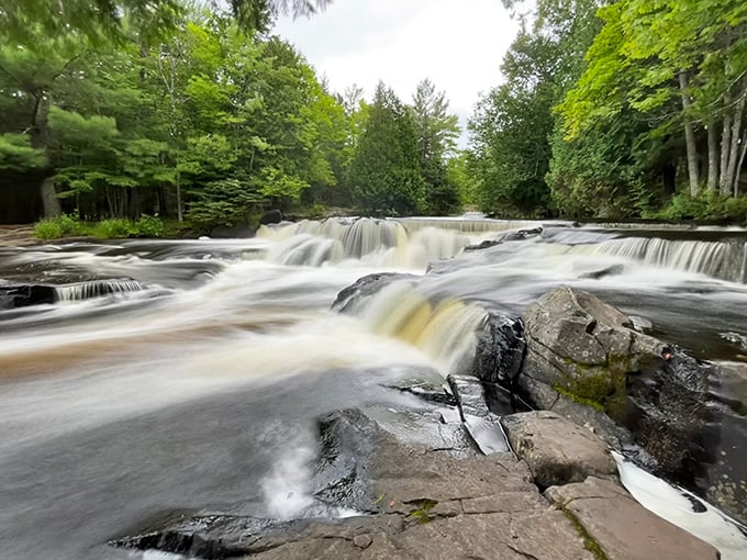 The 100-foot-wide waterfall transforms the Middle Branch of the Ontonagon River into a liquid fireworks display that demands attention and respect.