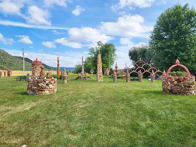 The front view reveals a whimsical collection of stone structures scattered across a green field, like chess pieces in a game played by giants.