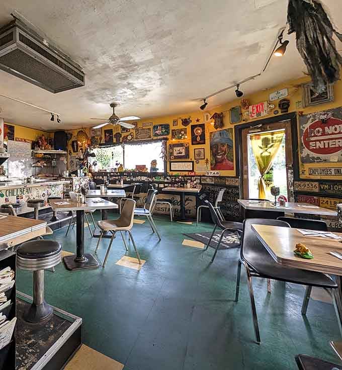 Yellow walls plastered with memories and mementos create the feeling of eating inside a particularly delicious scrapbook.