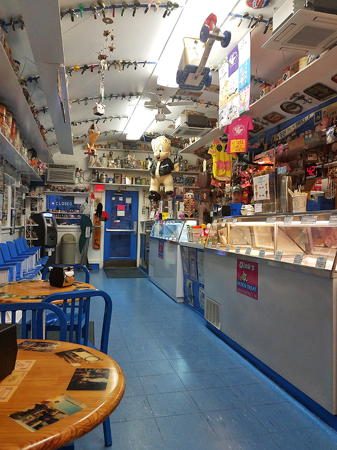 Step into a wonderland where toys dangle from the ceiling like delicious memories, creating an ice cream experience that feeds all your senses.