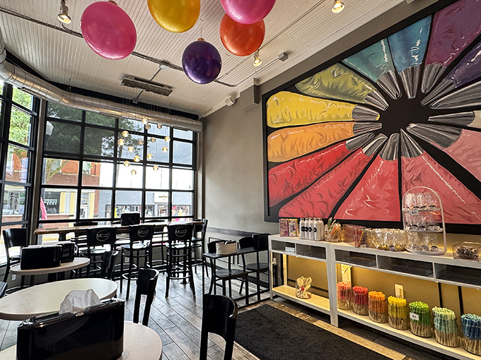 Step into a whimsical wonderland where rainbow colors pop against clean lines, and those balloons overhead seem to celebrate your excellent dessert decisions.