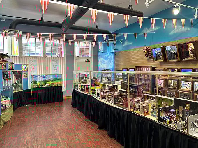 Step into a world where fantasy meets taxidermy under festive pennants and bright blue skies painted on the ceiling.