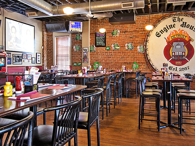 Exposed brick walls and firefighting memorabilia create an atmosphere where history and hunger satisfaction coexist beautifully.