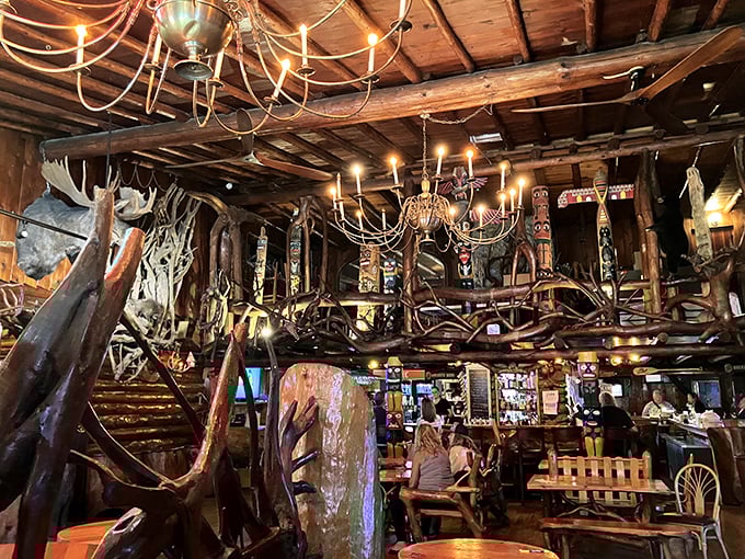 Step inside to a wonderland of hand-carved wood, antler chandeliers, and rustic charm that feels like dining in an enchanted forest. 