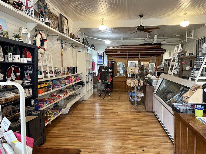 Polished wooden floors and white walls create the perfect backdrop for browsing treasures in this historic establishment.