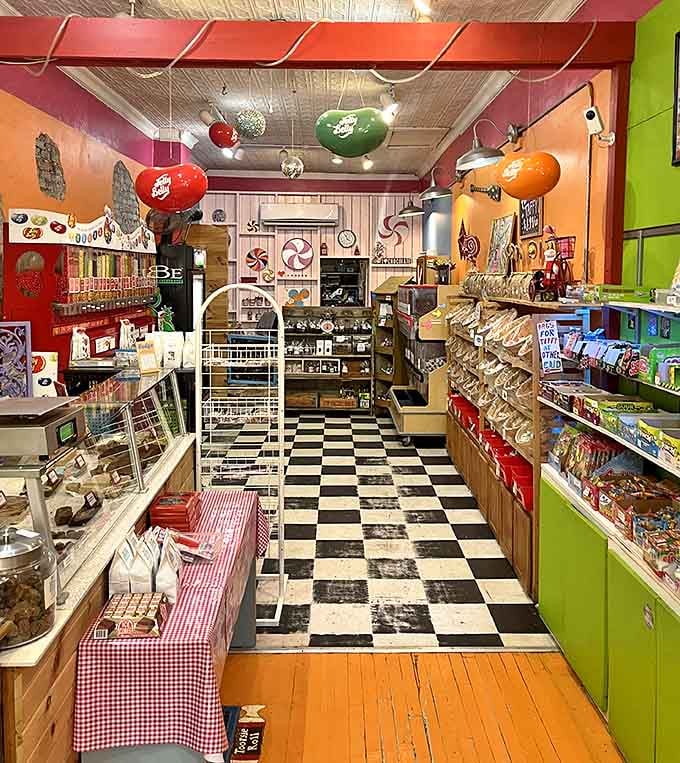 Classic black-and-white checkered floors lead you through a rainbow wonderland where calories don't count and joy comes in wrappers.