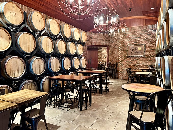 Wine barrel heaven: The tasting room's rustic-chic interior features exposed brick walls, wooden ceiling beams, and oak barrels that tell stories of vintages past.