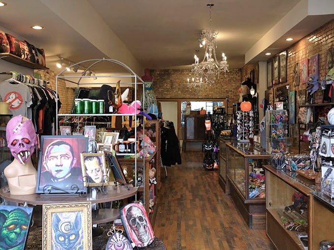 Step inside and discover a wonderland of curiosities under crystal chandeliers, where vintage meets macabre in perfect harmony.