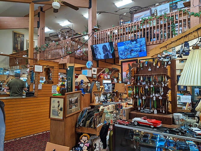 Step inside and discover a two-story wonderland of collectibles, where wooden railings and warm lighting create the perfect treasure-hunting atmosphere.