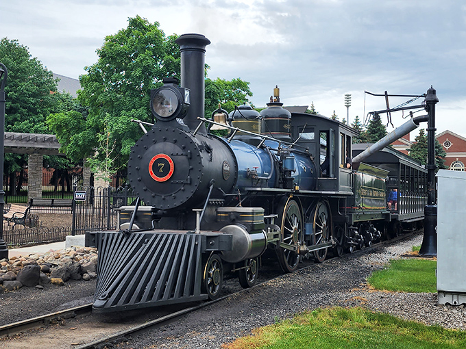 Locomotive No. 7 stands proud with its gleaming brass and imposing presence – a mechanical time capsule from America's industrial revolution.