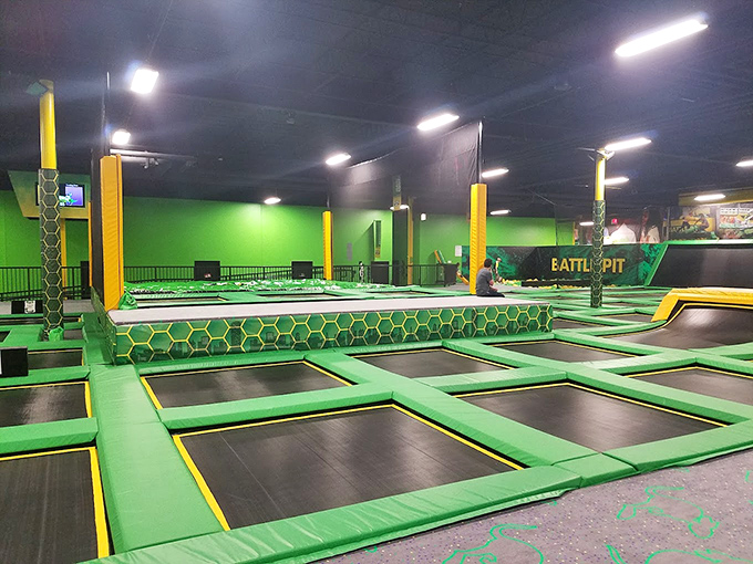 A bouncer's paradise where gravity is merely a suggestion &ndash; interconnected trampolines create a sea of springy possibilities.