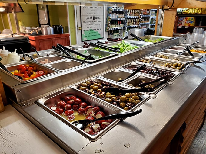 A rainbow of fresh ingredients awaits at the salad bar, where island visitors can craft the perfect picnic companion before heading to Marquette Park.