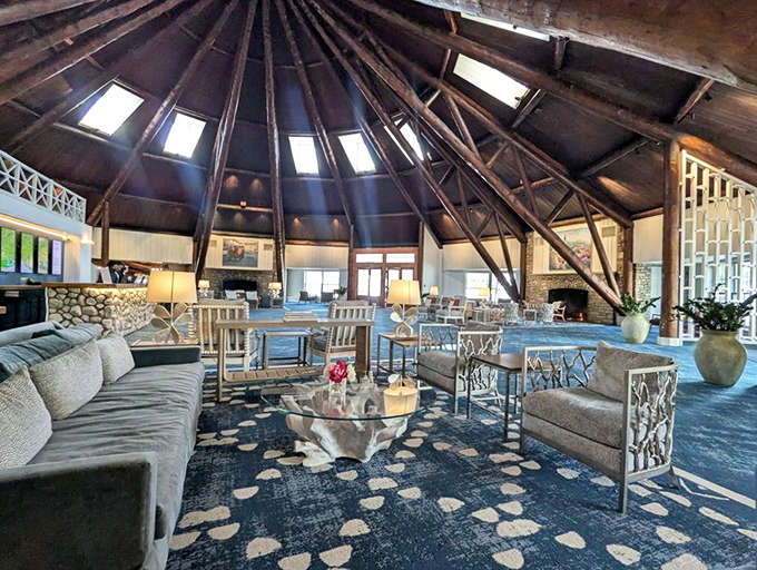 That soaring ceiling and those exposed beams create a lobby that's equal parts rustic elegance and "wow, this is way nicer than my living room."