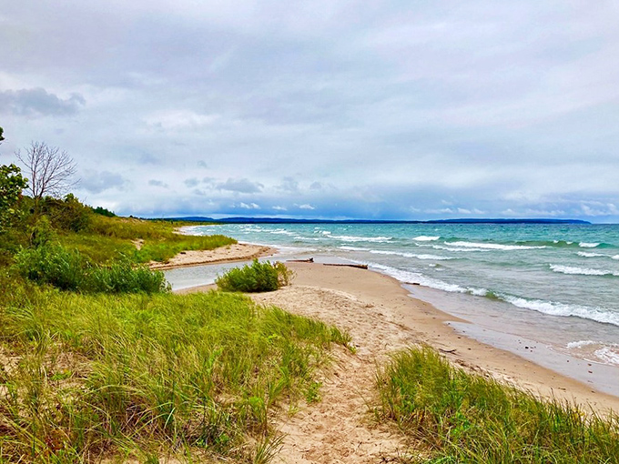 The sandy shoreline stretches into infinity, where each footstep leaves a temporary signature soon reclaimed by gentle Michigan waves.