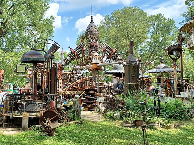 Sunlight dances through this metallic jungle gym for the imagination, where industrial cast-offs find their second act.