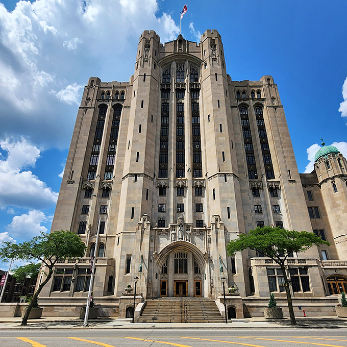 Reaching skyward with Gothic grandeur, the temple's exterior commands attention with its massive scale and intricate stonework details.