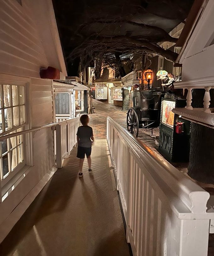 Step into a twilight world where fantasy becomes reality in this indoor street scene, complete with vintage storefronts.
