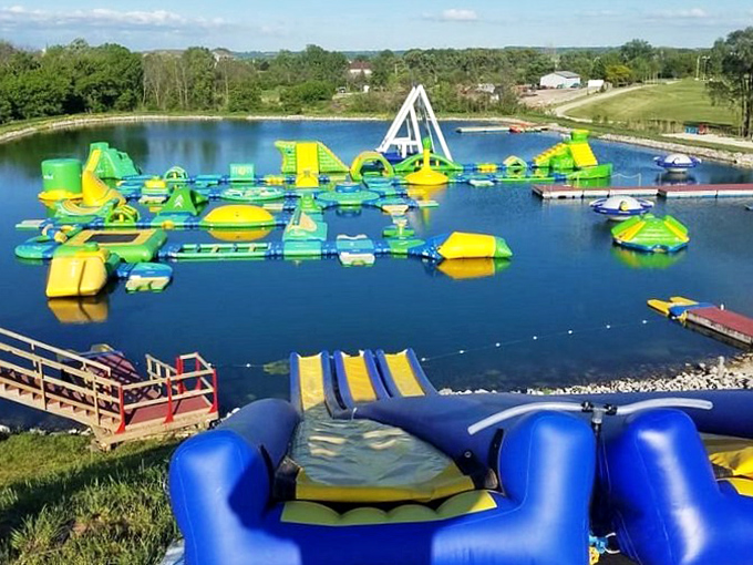 Bird's eye view of the floating obstacle course &ndash; a maze of challenges awaiting adventurous visitors.