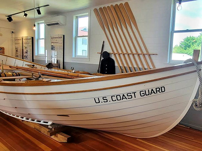 This meticulously restored U.S. Coast Guard surfboat represents the incredible courage of rescue teams who rowed into raging storms with nothing but muscle and determination.