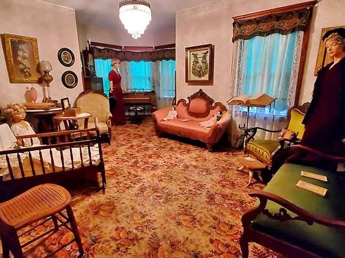 Victorian elegance meets historical preservation in this period-accurate living room where the sheriff's family once relaxed after dinner.