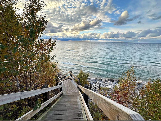 Stairway to heaven? No, just the wooden boardwalk to Lake Michigan's shores &ndash; though the view might make you question the difference.
