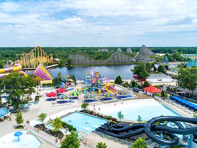From above, Michigan's Adventure reveals its dual personality &ndash; thrilling coasters on one side, refreshing water attractions on the other, connected by paths of possibility.