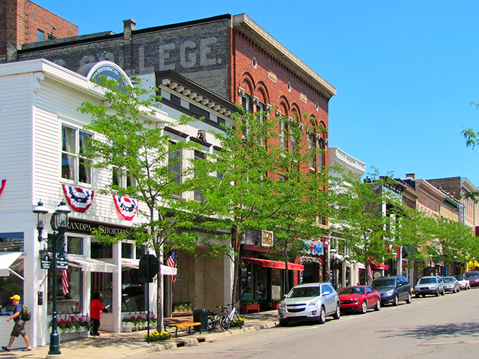 Downtown Petoskey charms with its brick-faced Victorian buildings, where hanging flower baskets and American flags create postcard-perfect streetscapes.