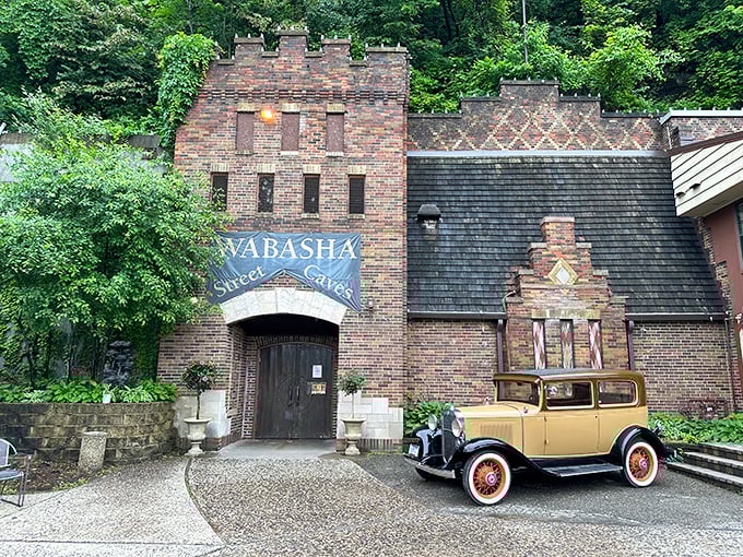 That vintage car parked outside isn't just for show, it's basically time travel on wheels welcoming you to prohibition-era adventures.