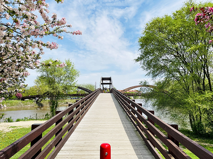 Spring blossoms frame the wooden pathway, creating a tunnel of color that leads adventurers across the calm waters below.