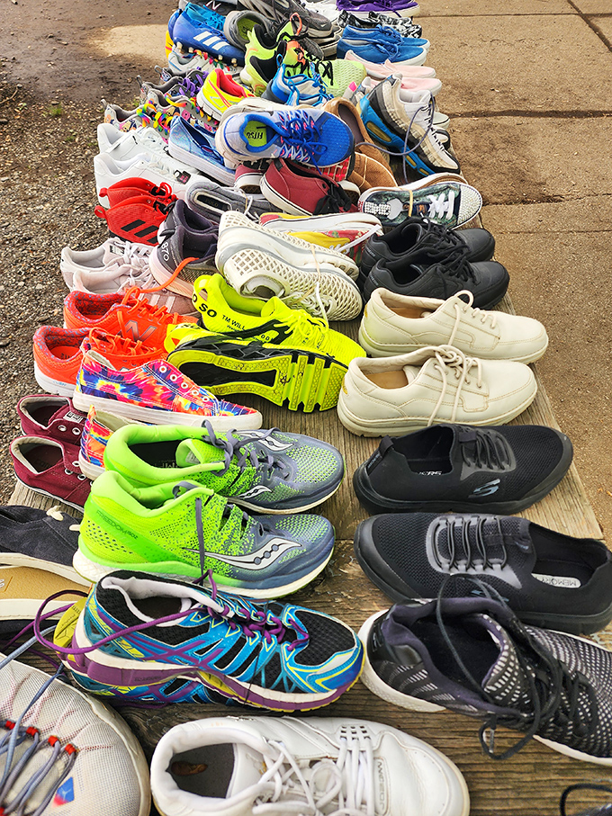 A rainbow of footwear possibilities stretches across the market floor &ndash; from practical sneakers to neon statement pieces for every style hunter.