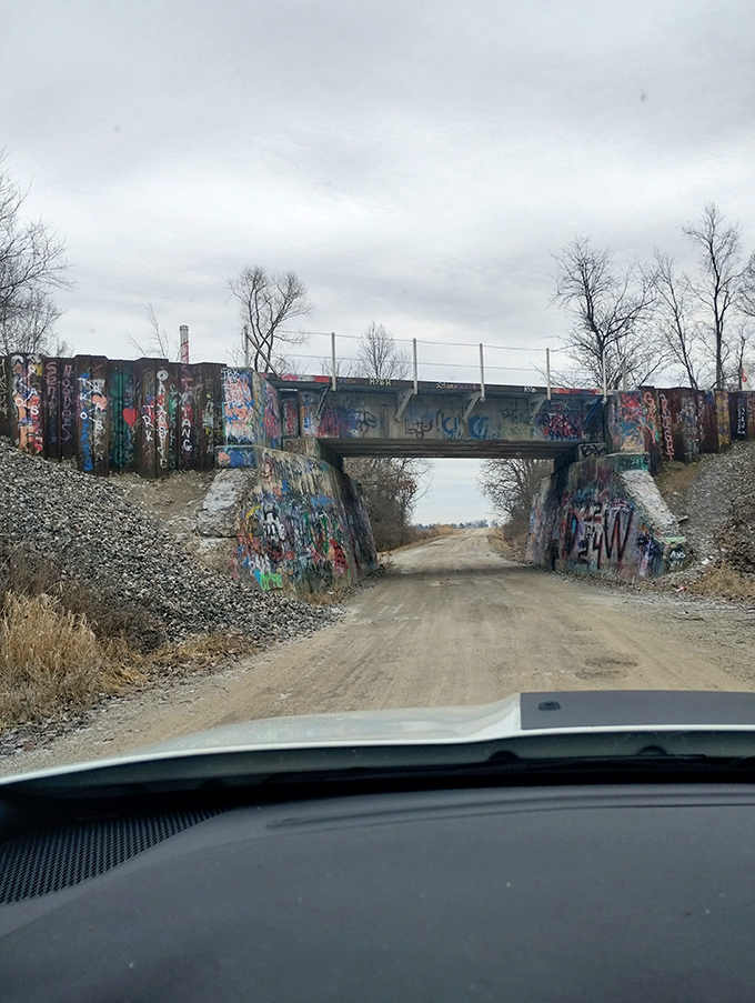 From inside a vehicle, the bridge creates a tunnel-like effect, framing the road ahead while surrounding you with layers of vibrant street art.