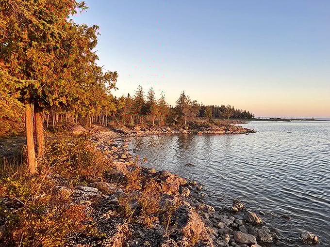 Golden hour transforms Lake Huron's shoreline into a painter's dream, where water meets sky in a symphony of amber and blue.