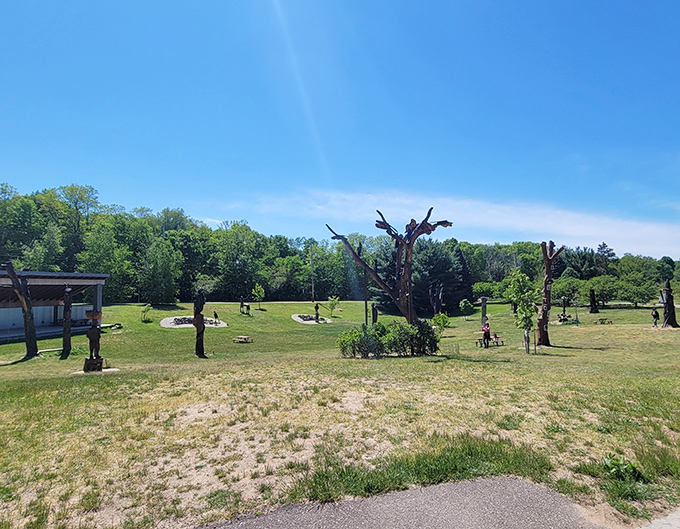 Wandering through this magical landscape feels like stepping into a storybook where trees whisper ancient tales through their carved features.